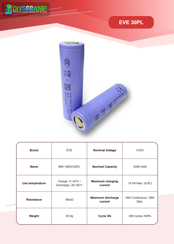 EVE 30PL 18650 3000mAh 60A Battery Cell - Tabless